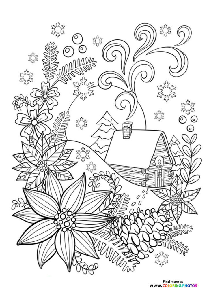Winter theme cabin - Coloring Pages for kids