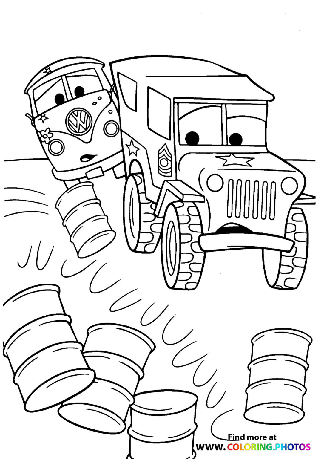 Sarge knocking down barels - Coloring Pages for kids