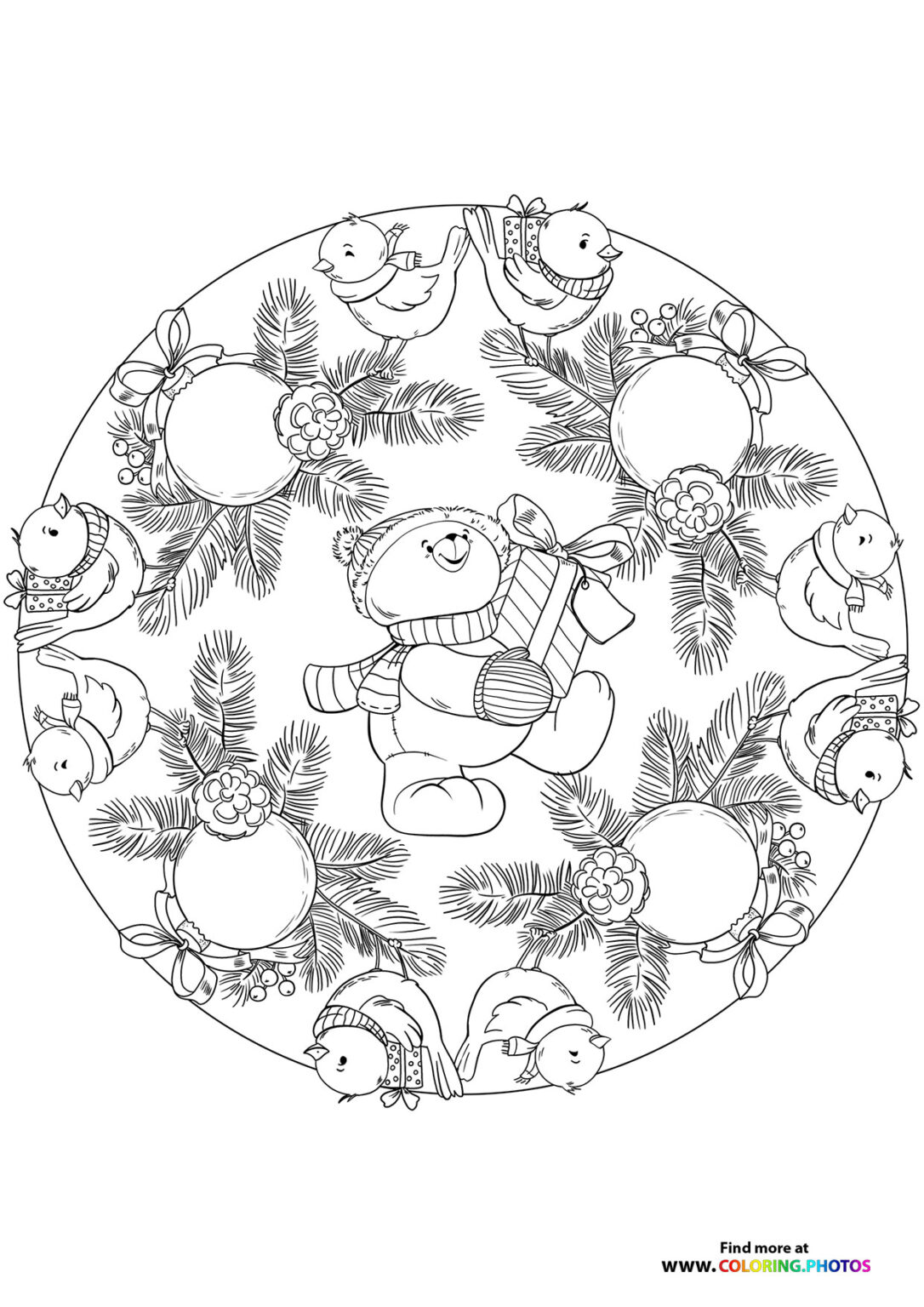 Christmas mandala with a Teddy Bear - Coloring Pages for kids