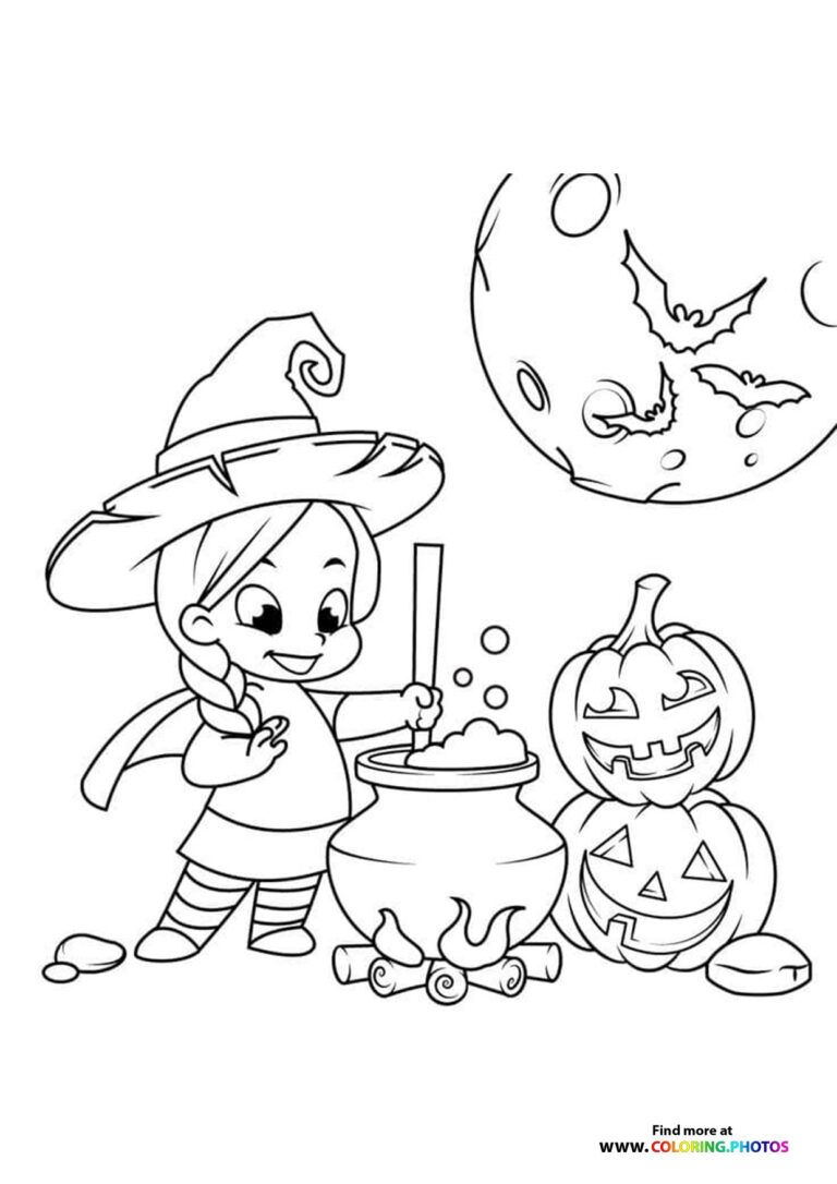 Halloween witch flying on a broom - Coloring Pages for kids