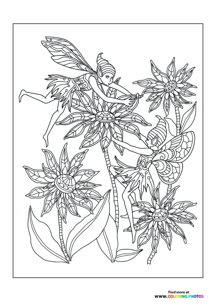Fairies on flowers - Coloring Pages for kids