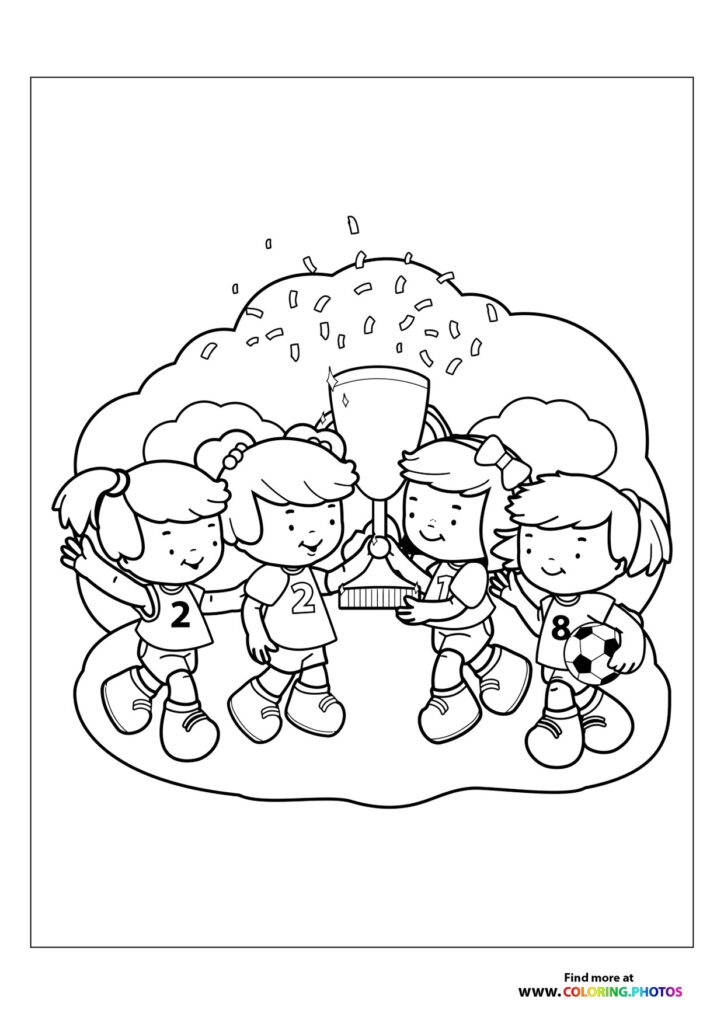 Girls winning soccer trophy - Coloring Pages for kids