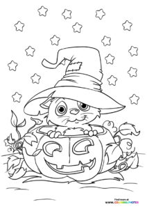 Hallween cat in a pumpkin - Coloring Pages for kids