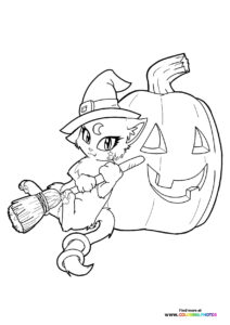 Hallween cat with a broom - Coloring Pages for kids