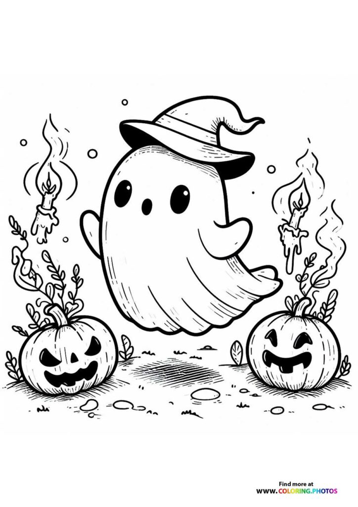 Halloween ghost with a hat - Coloring Pages for kids