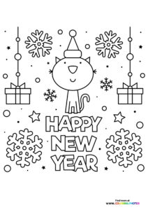 Happy New Year from a Cat - Coloring Pages for kids