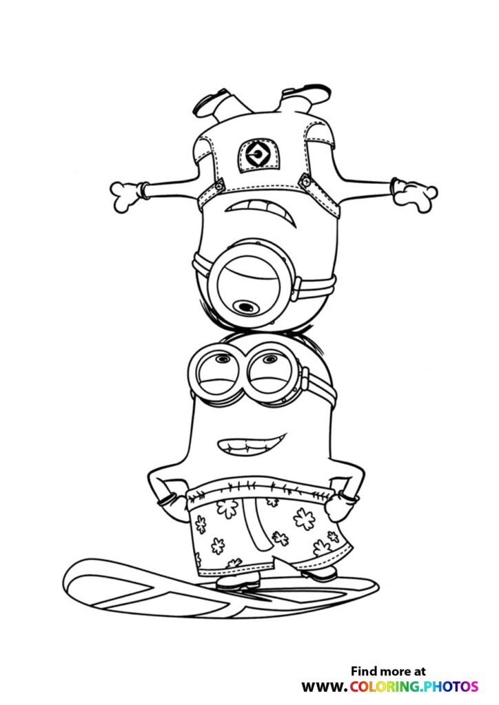 Minions Stuart and Bob surfing - Coloring Pages for kids