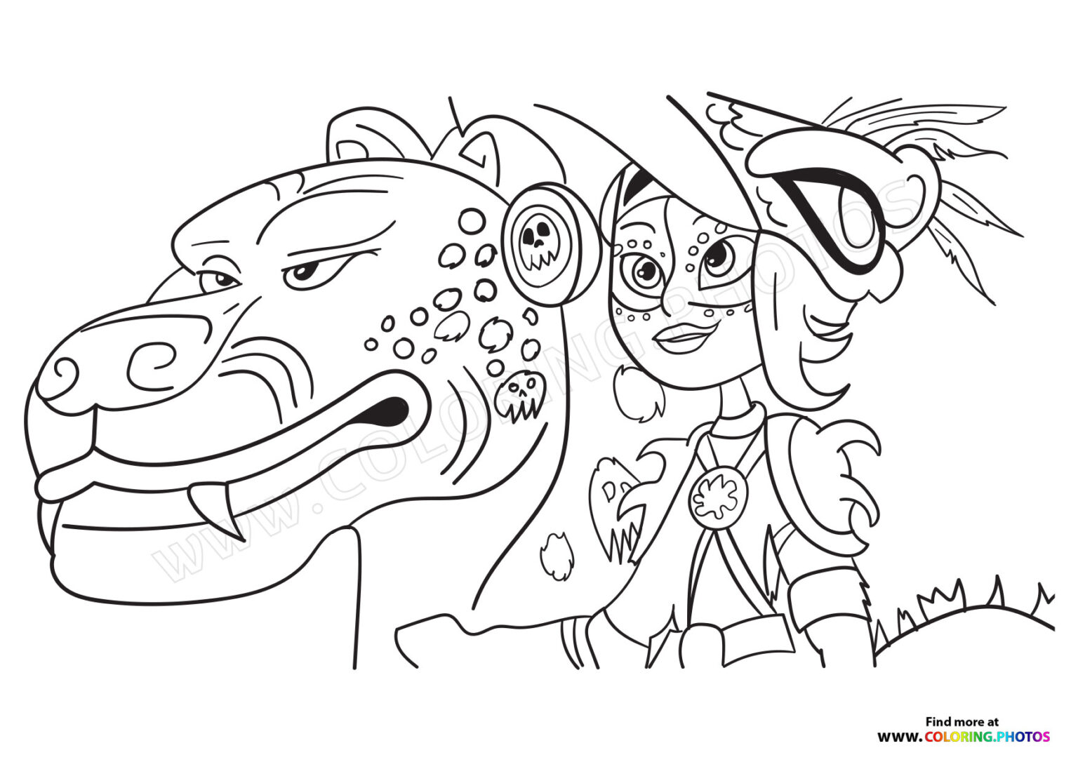 Maya and Chiapa on the hunt | Maya and the Three - Coloring Pages for kids