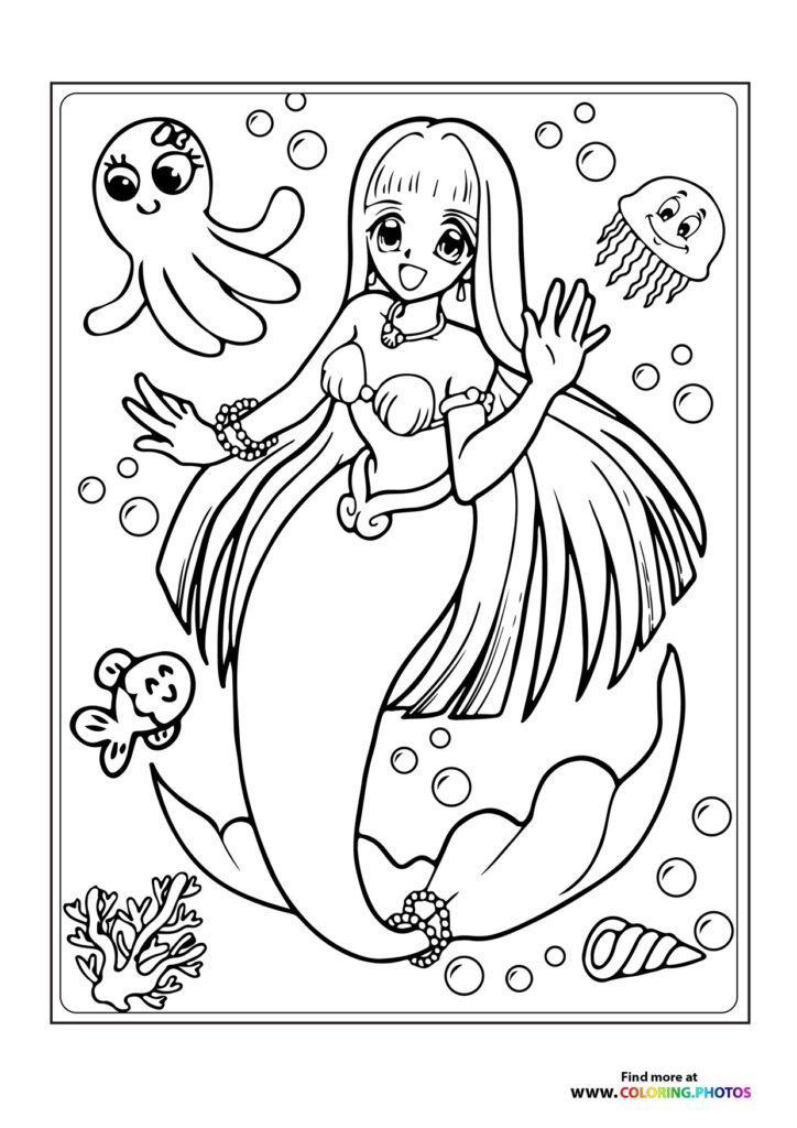 Cute mermaid swimming - Coloring Pages for kids