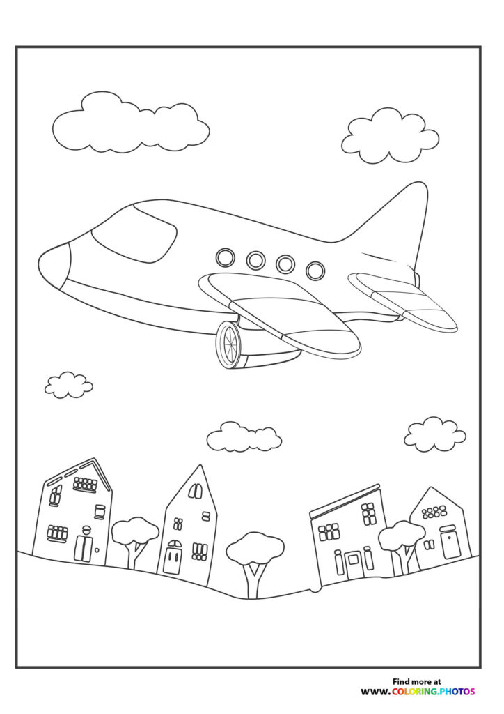 Plane flying over the city - Coloring Pages for kids