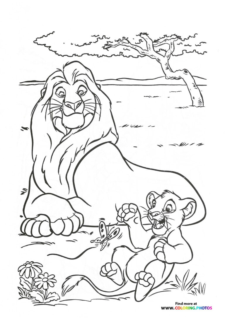 Simba playing and Mufasa watching him - Coloring Pages for kids
