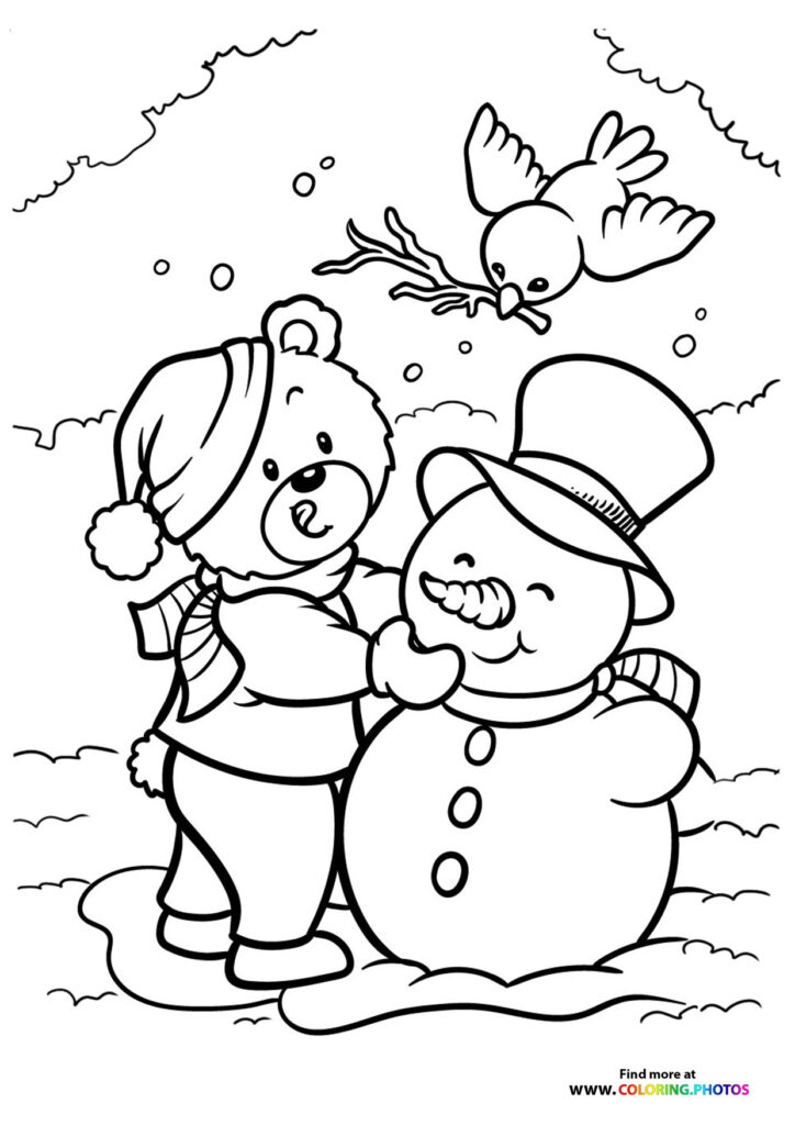 Teddy bear building a snowman - Coloring Pages for kids