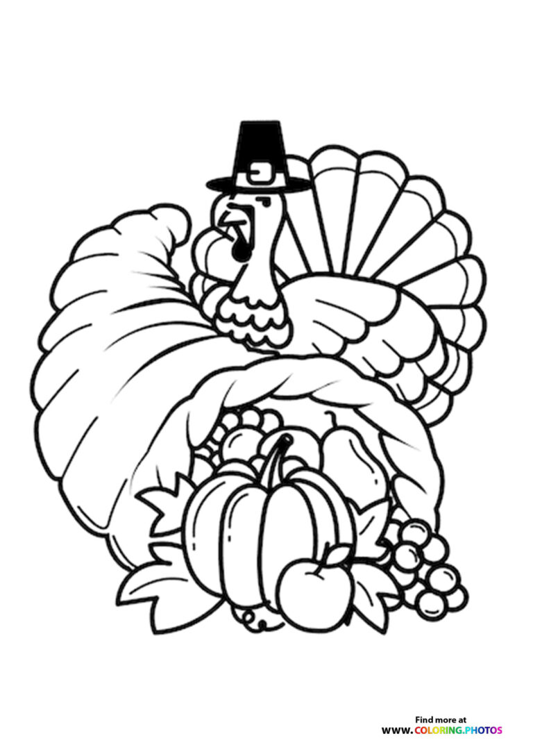 Thanksgiving day cornucopia with turkey - Coloring Pages for kids