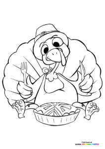 Thanksgiving turkey eating a pie - Coloring Pages for kids