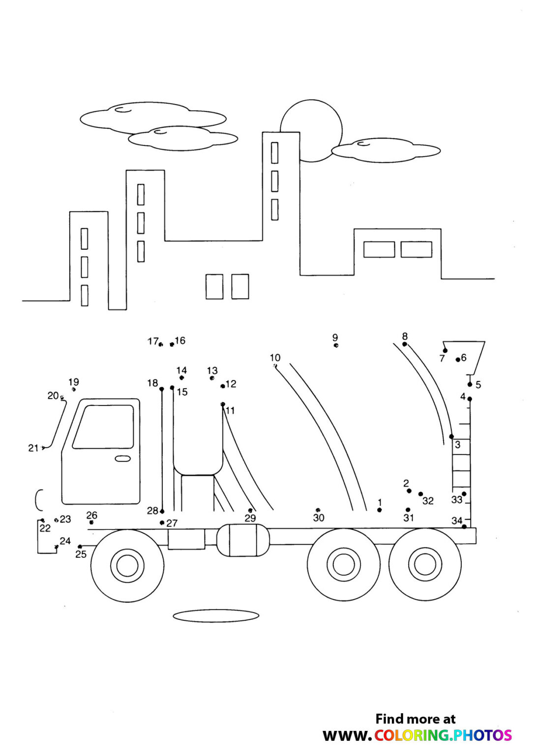 Truck in a city dot the dots - Coloring Pages for kids