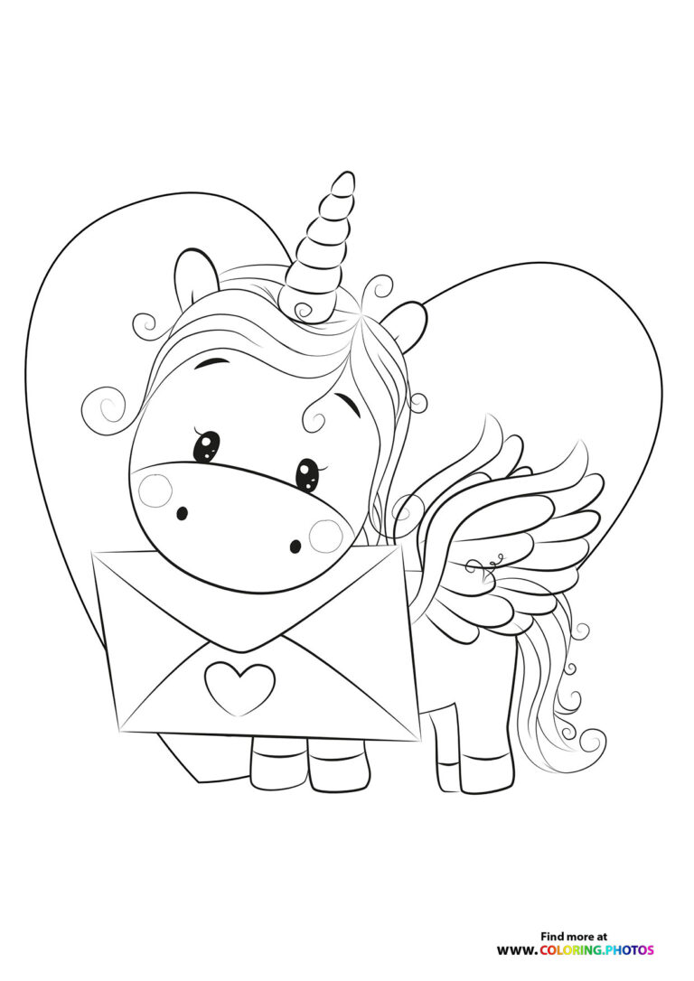 Unicorn with valentines card - Coloring Pages for kids