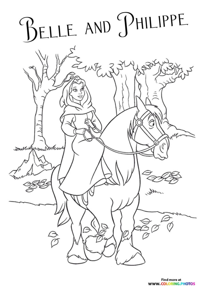 Princess Belle and Philippe in the woods - Coloring Pages for kids
